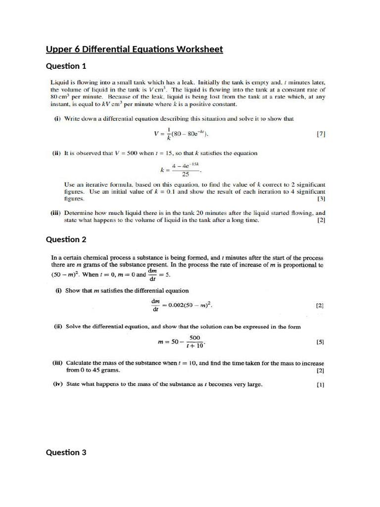Differential Equations Worksheet | PDF