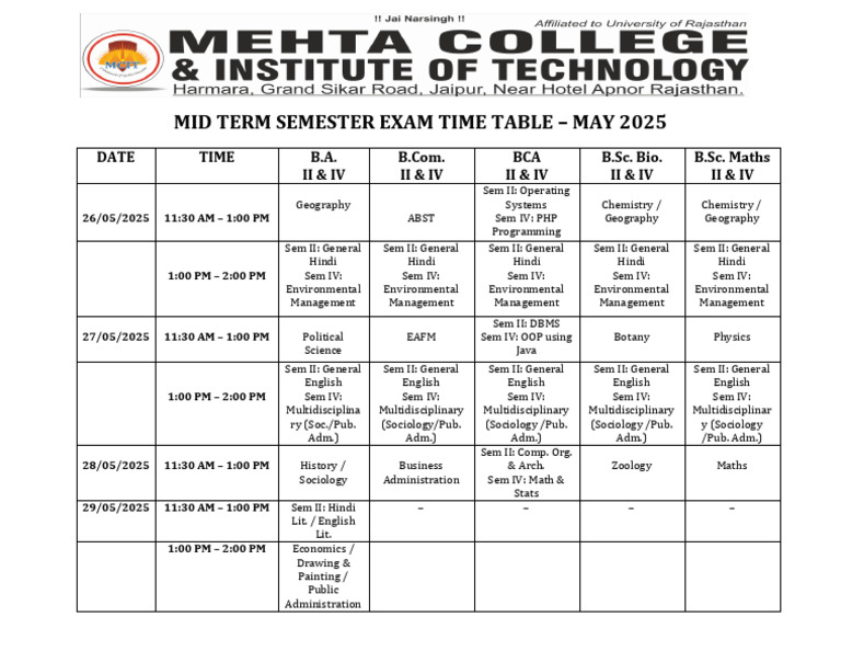 Time Table Mid Term Exam May 2025 | PDF | Liberal Arts Education | Science