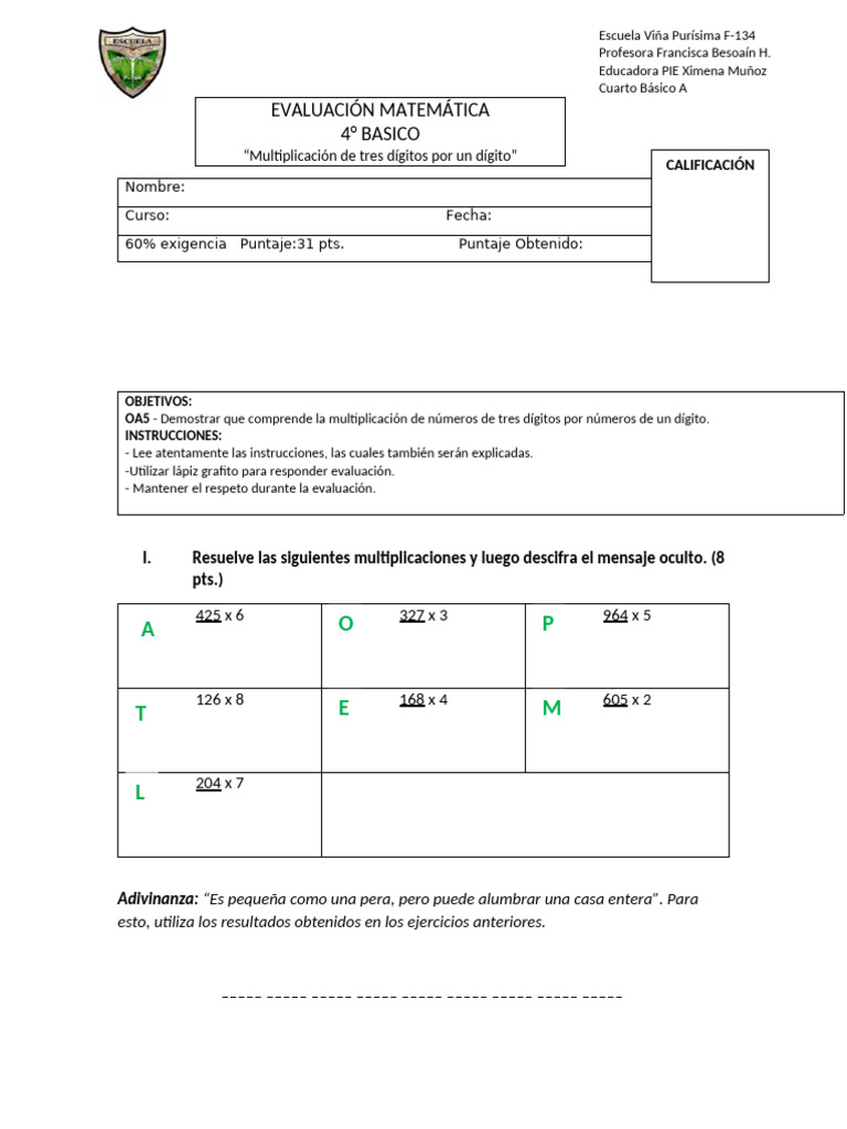 Multiplicación de 3 Dígitos por 1 Dígito | PDF