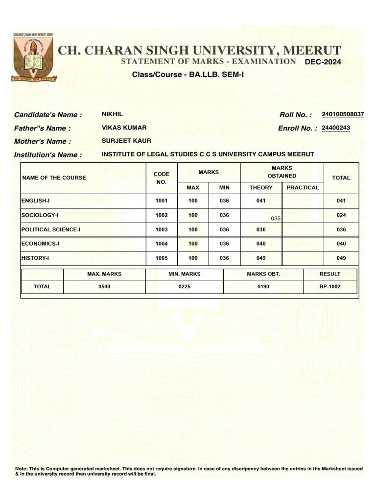 BA.LLB. SEM-I Marksheet DEC-2024 | PDF