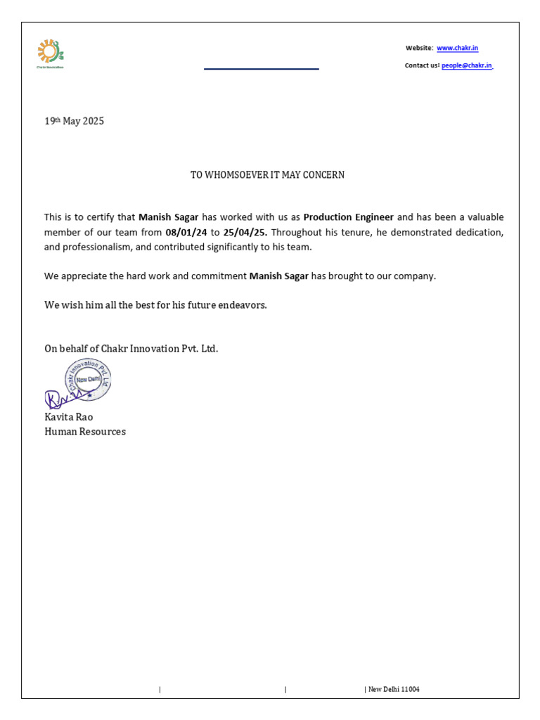 Experience Letter - Manish Sagar | PDF