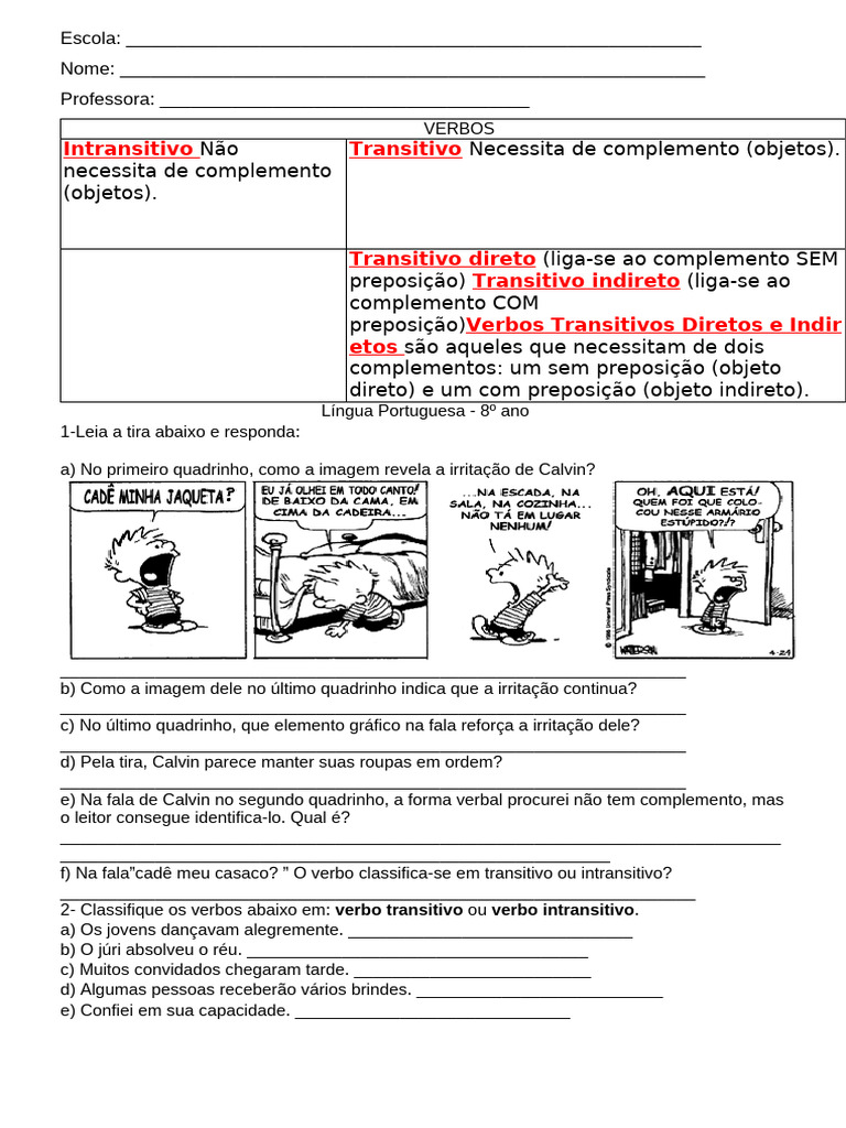 Atividade Transitividade Verbal 8º Ano | PDF | Objeto (gramática) | Famílias linguísticas