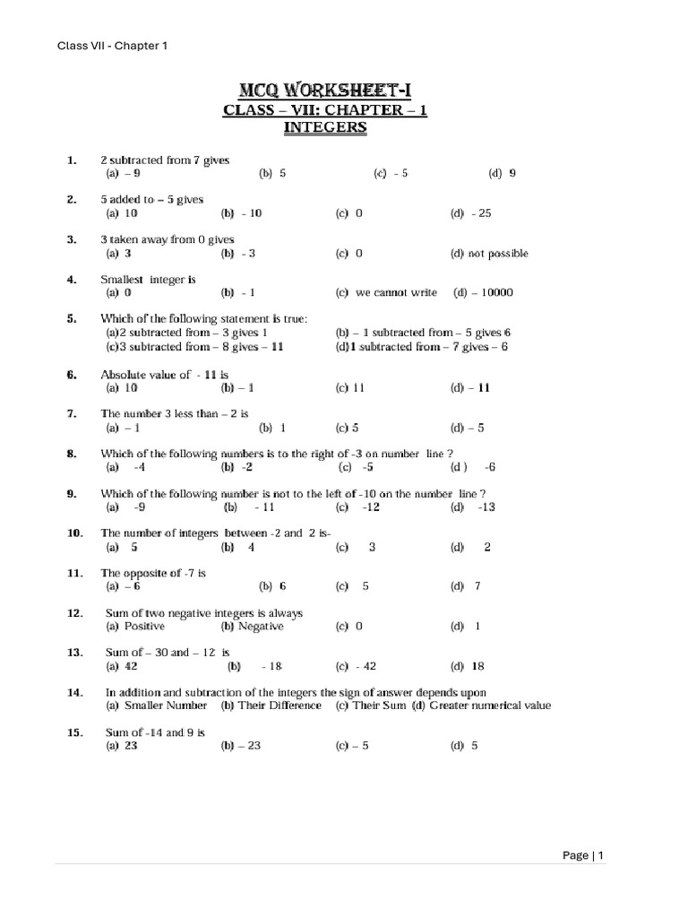 Class VII Chapter 1 Practice Problems | PDF