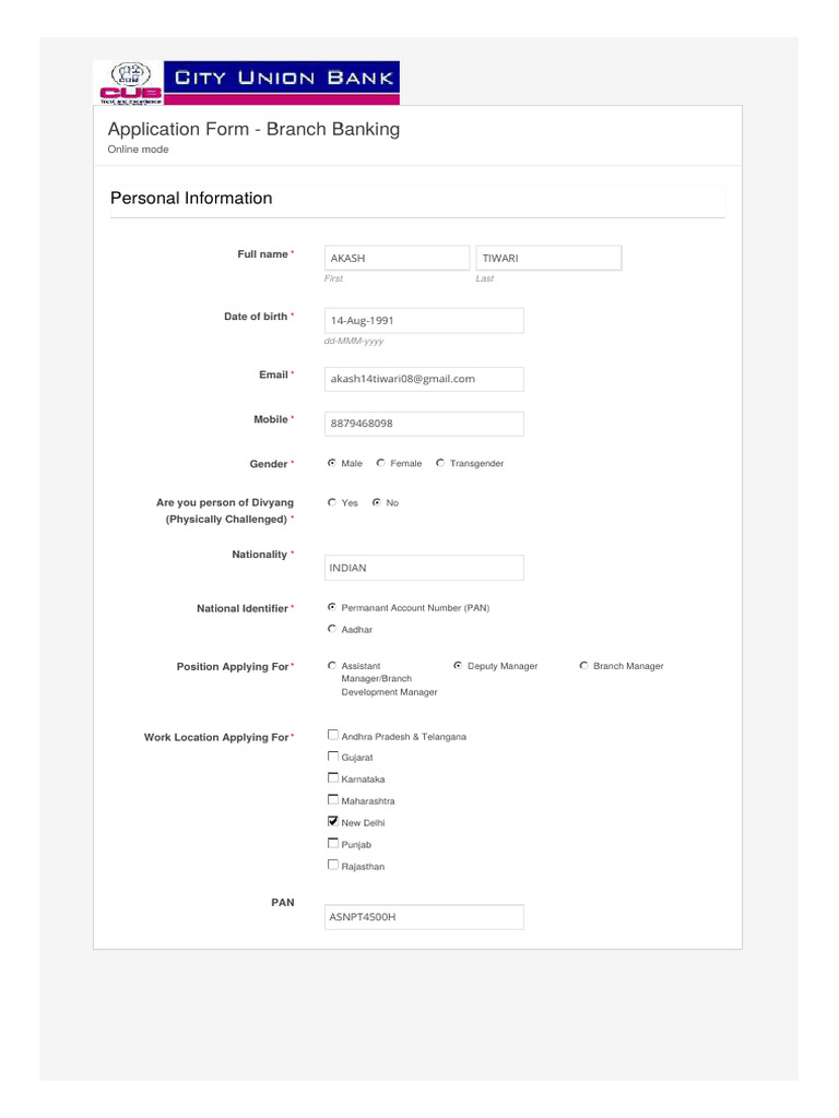 CUB-Job Application Form Executive Cadre | PDF