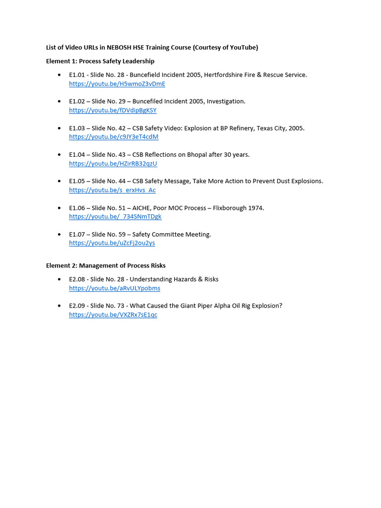 List of Video URLs in NEBOSH HSE PSM Training Course | PDF | Chemical Process Engineering ...