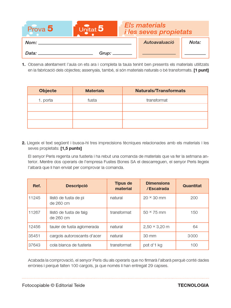 Avaluacio. Tecnologia 1 ESO. Materials | PDF