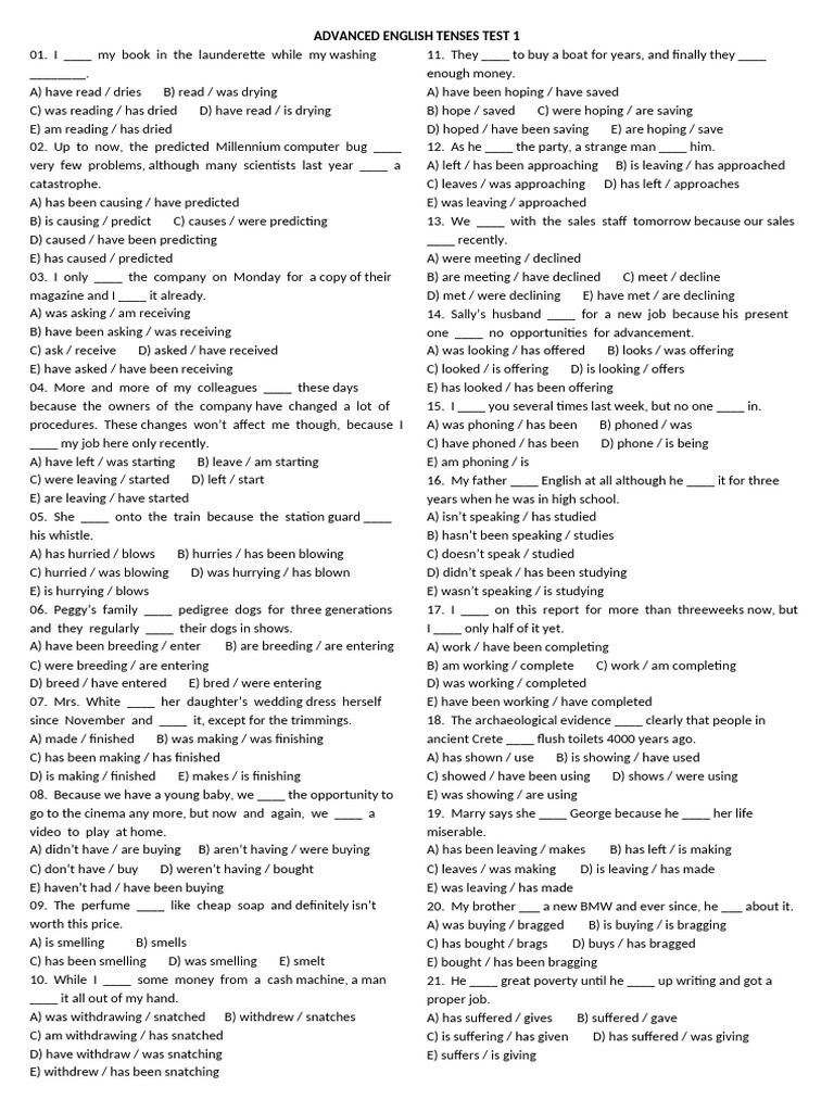 Advanced English Tenses Test 1 | PDF