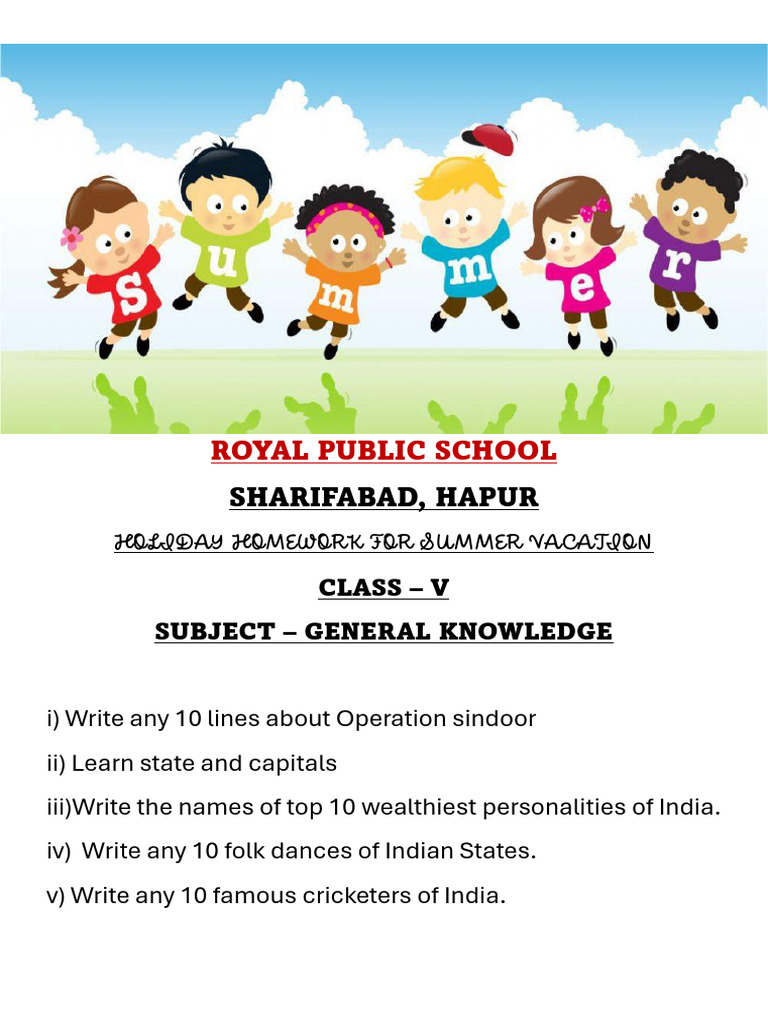 Class 5 GK Holiday Homework Guide | PDF
