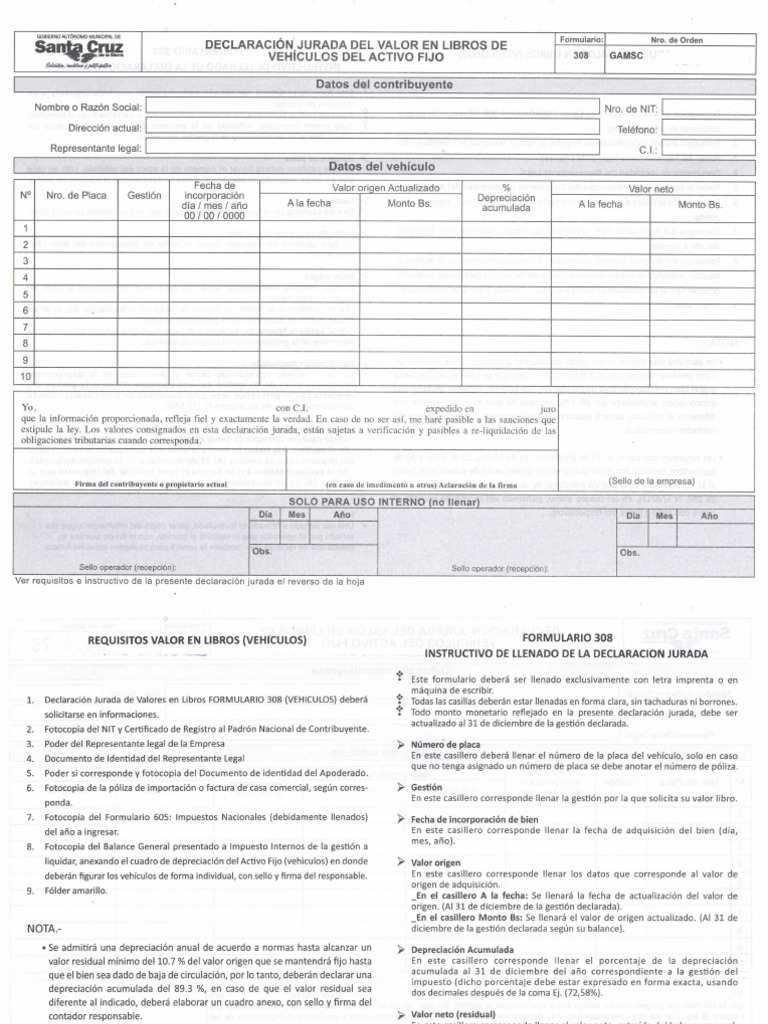 Declaracion Jurada Del Valor en Libros de Vehiculos Del Activo Fijo ...