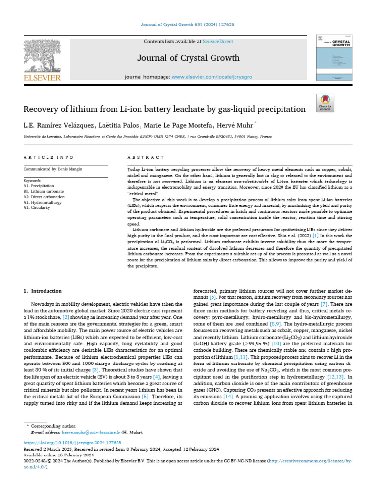 Recovery of Lithium From Li-Ion Battery Leachate by Gas-Liquid ...