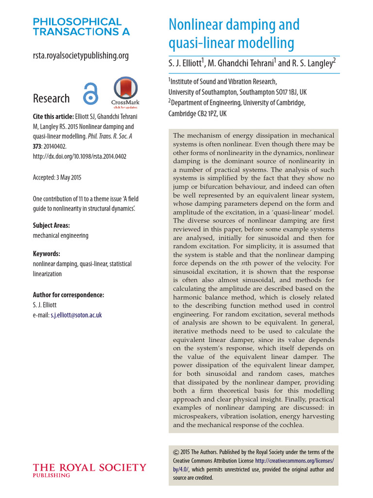 Elliott Et Al Nonlinear Damping and Quasi Linear Modelling | PDF | Damping | Nonlinear System