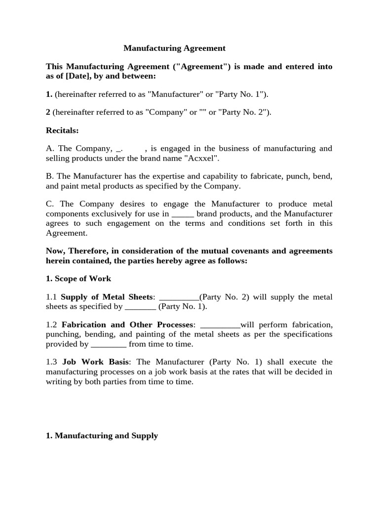 Exclusive Metal Manufacturing Agreement | PDF | Indemnity ...