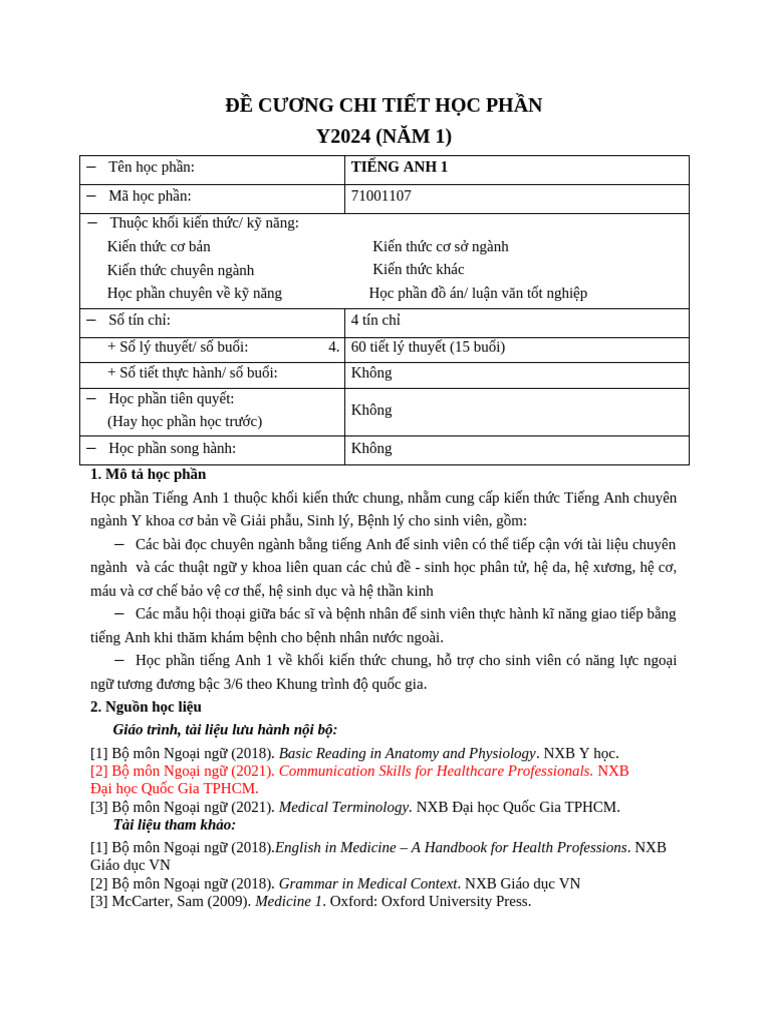 Bmnn-Đcct-Y24 - Tiếng Anh 1 | PDF