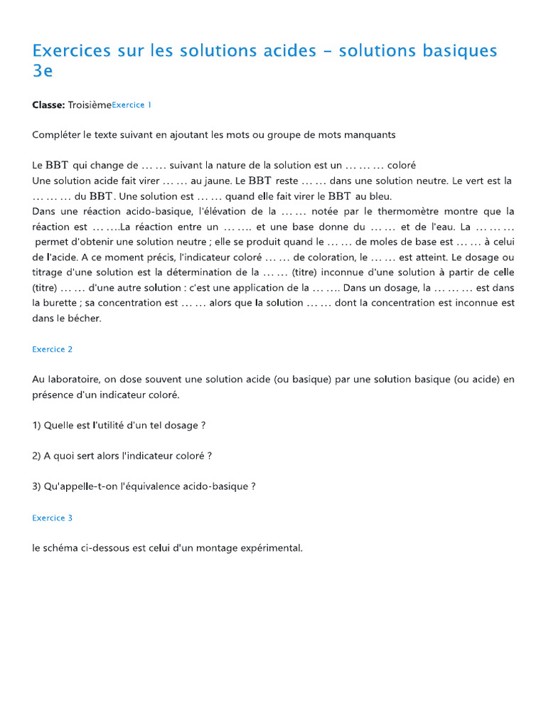 Exercices Sur Les Solutions Acides - Solutions Basiques 3e | PDF