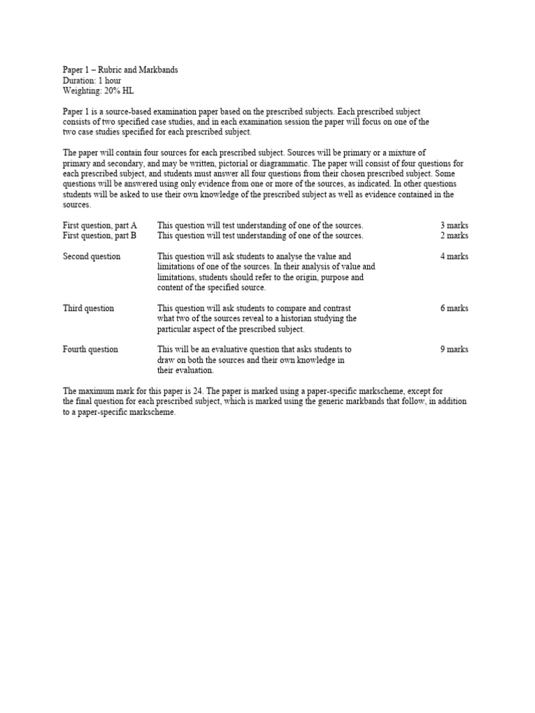Paper 1 Rubric and Markbands | PDF | Question | Knowledge