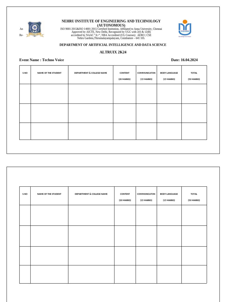 Techno Voice Score Sheet | PDF