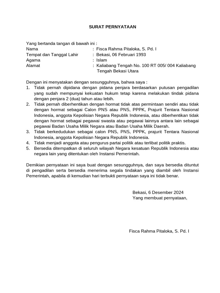 Surat Pernyataan Fisca | PDF