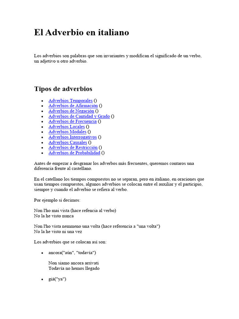 Tipos de Adverbios en Italiano | PDF | Adverbio | Semántica léxica