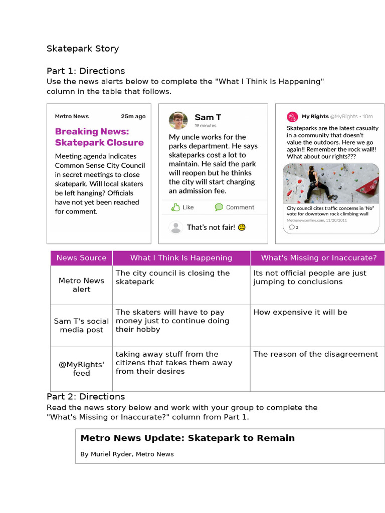 Lesson 4 - Skatepark Story - Student Handout 1 | PDF