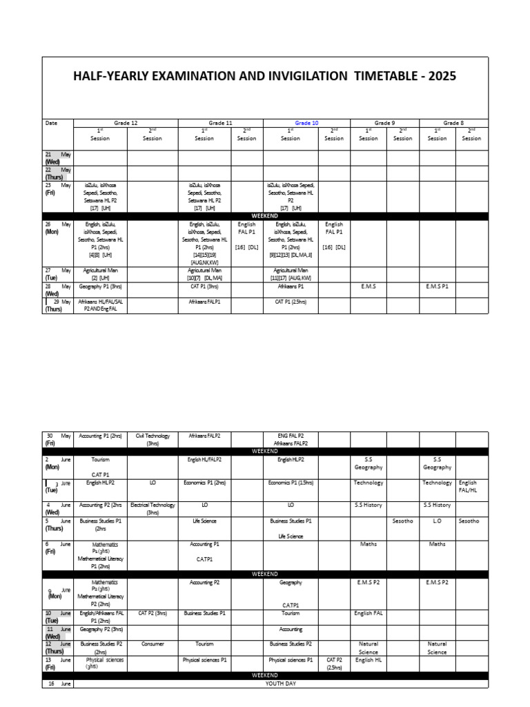 Grade 12 Exam Timetable 2025 | PDF | Science | Languages Of Africa
