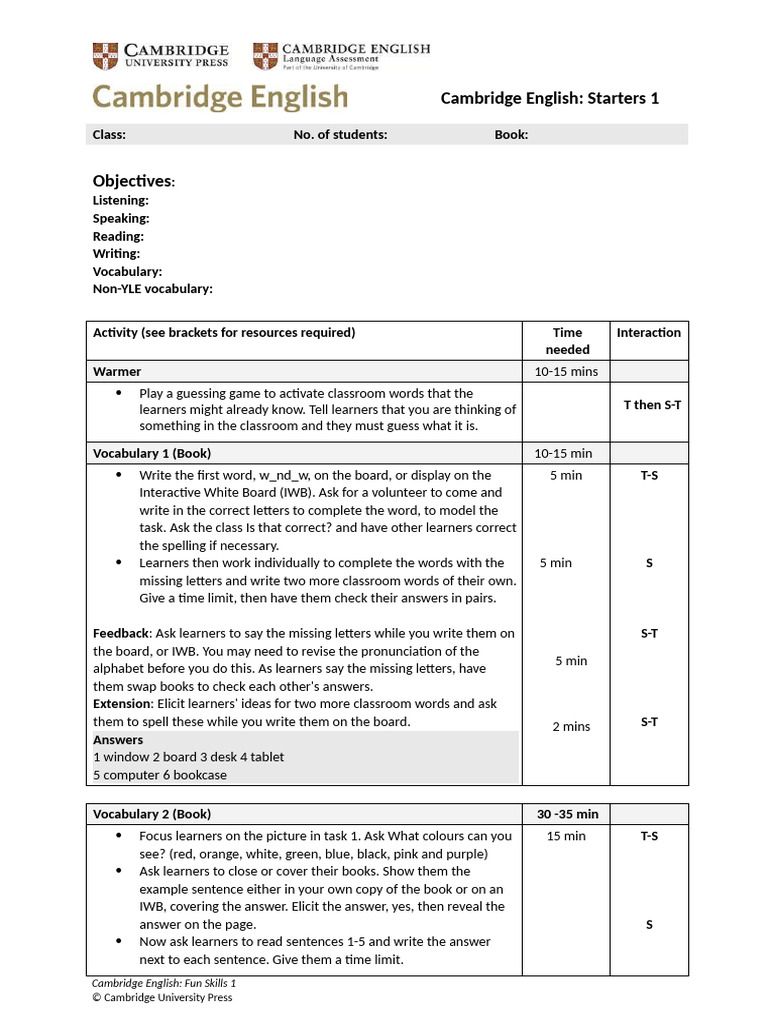 Cambridge Lesson Plan Sample PDF | PDF | Vocabulary | Learning