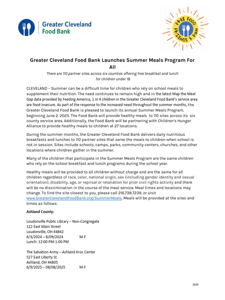 Greater Cleveland Summer Meals 2025 | PDF | Cleveland | Meal