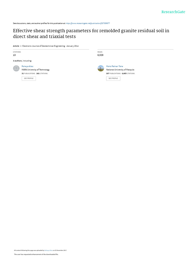 Effective Shear Strength Parameters For Remolded Granite Residual Soil ...