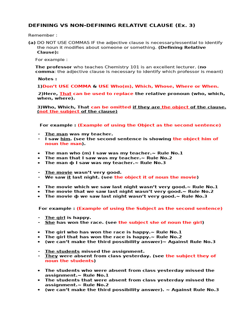 Defining vs Non-Defining Clauses Exercise | PDF | Subject (Grammar ...