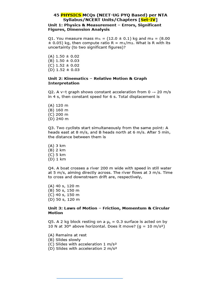 NEET-UG Physics MCQs Set IV | PDF | Rotation Around A Fixed Axis | Torque
