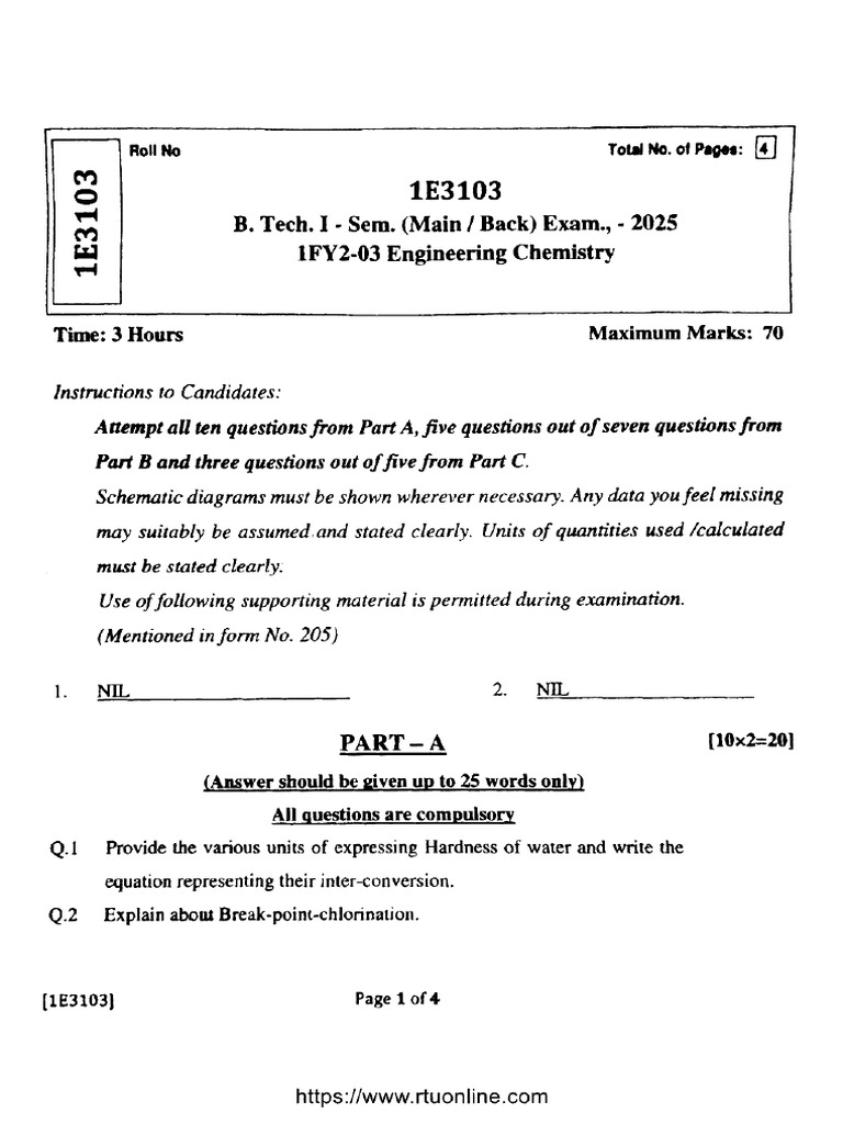 Btech 1 Sem Engineering Chemistry 1e3103 2025 | PDF