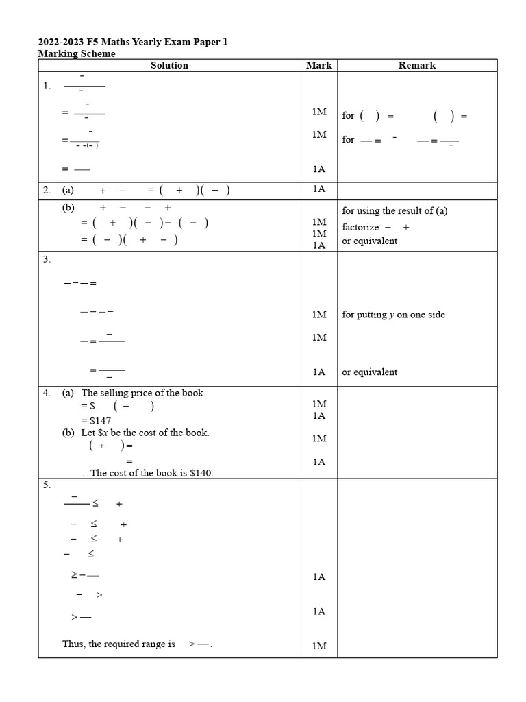 2022-2023 F5 MAT Yearly Exam Paper 1 (Answer) | PDF | Classical Geometry | Euclid