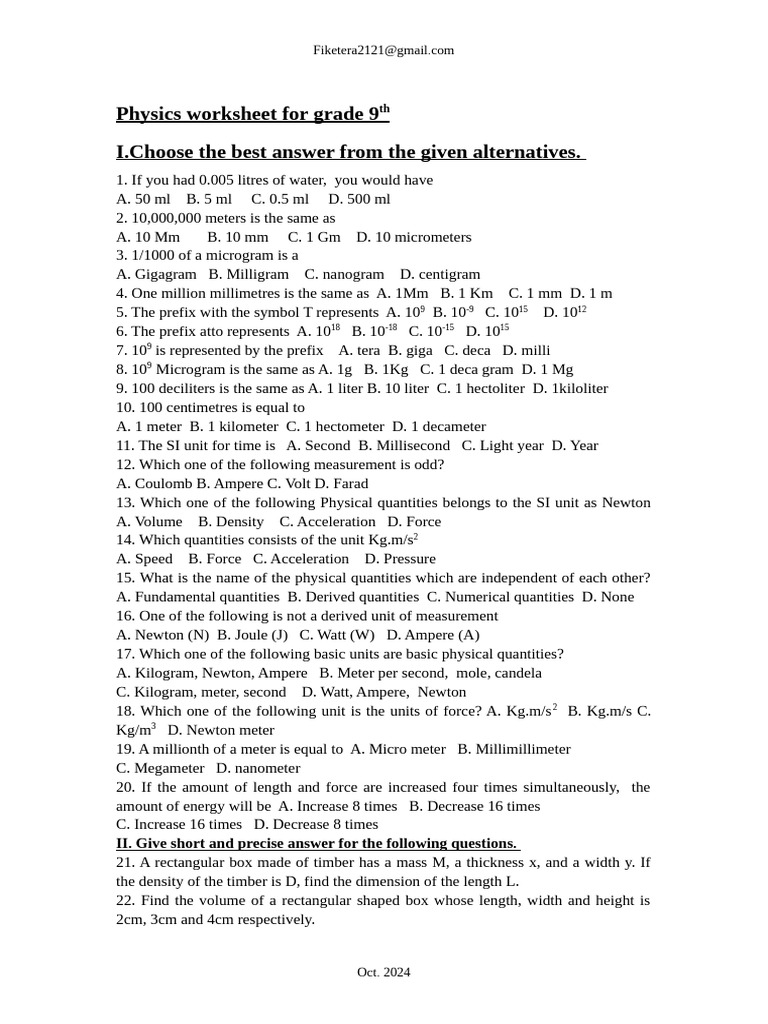Physics Worksheet 1 | PDF | Litre | International System Of Units