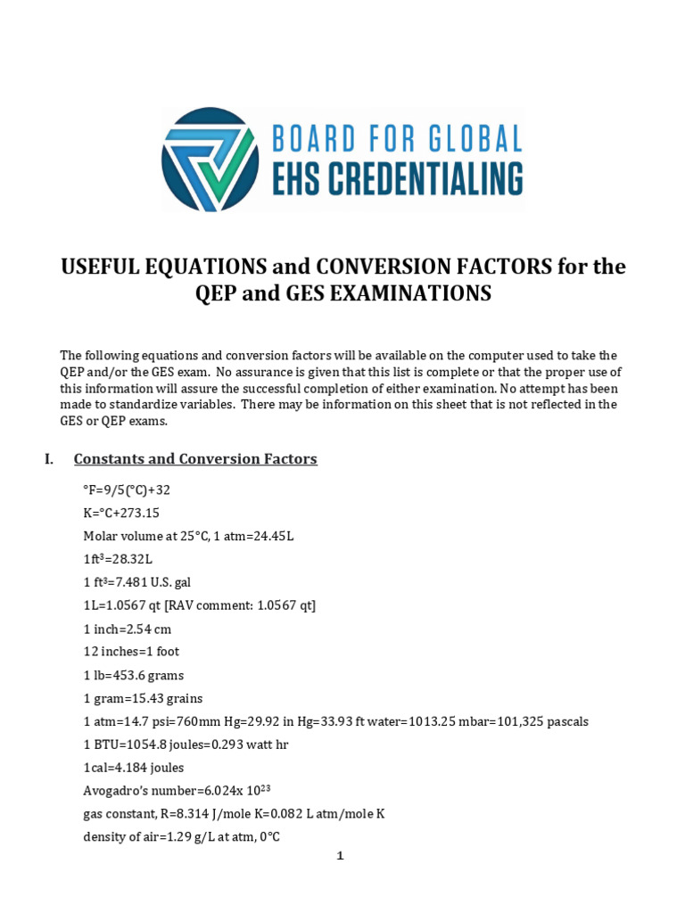 BGC QEP EPI Equation Sheets 1 | PDF | Area | Mole (Unit)