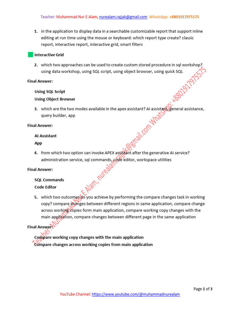 MCQ (13) From Muhammad Nur E Alam For Oracle APEX (1Z0 771) Vendor Exam | PDF | Sql | Computing