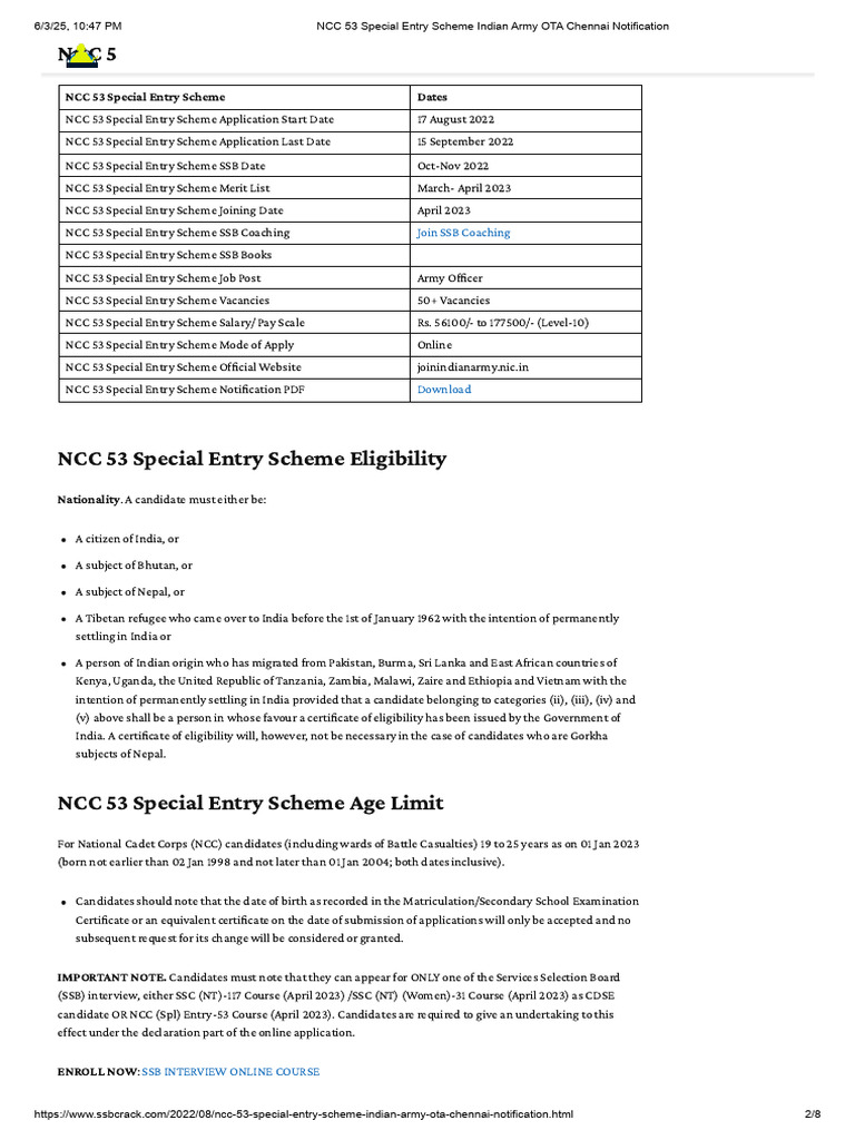 NCC 03 Special Entry Scheme Indian Army OTA Chennai Notification | PDF