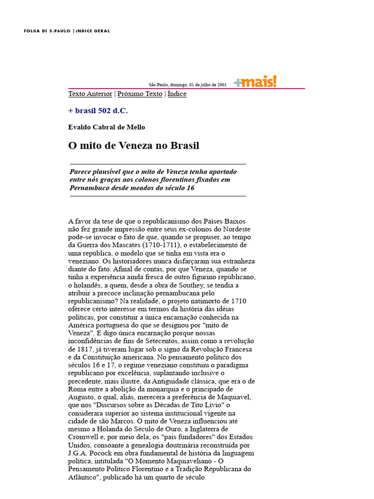 Evaldo Cabral de Mello - O Mito de Veneza No Brasil e Do Quinto Império de Henequim - Folha ...