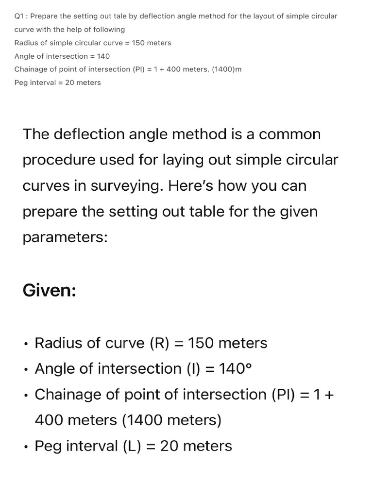 Q1 Prepare The Setting Out Tale by Deflection Angle Method For The | PDF