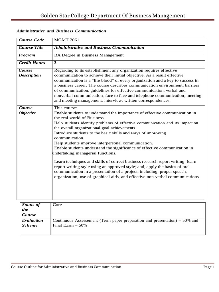 Administrative and Business Communication.Course Outline | PDF ...