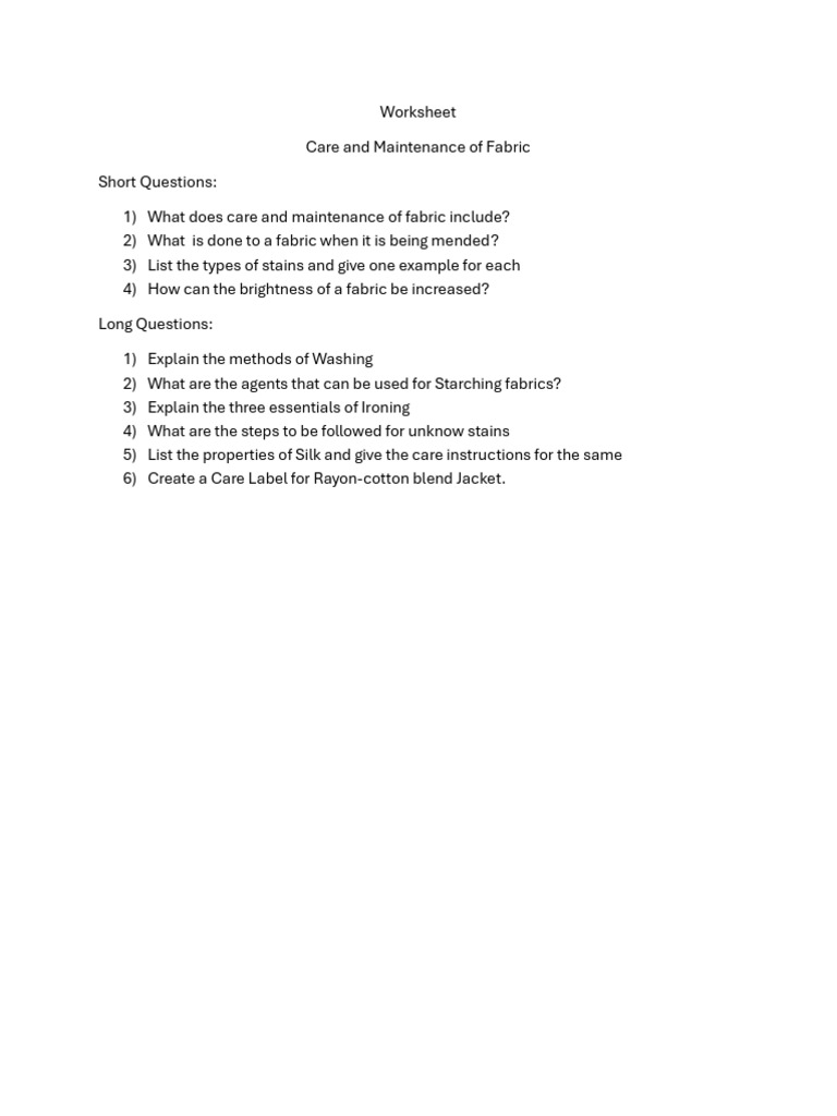 Worksheet Care and Miantenance of Fabric | PDF