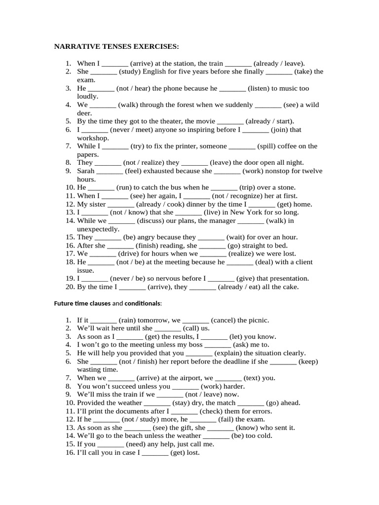 Narrative Tenses Exercises | PDF