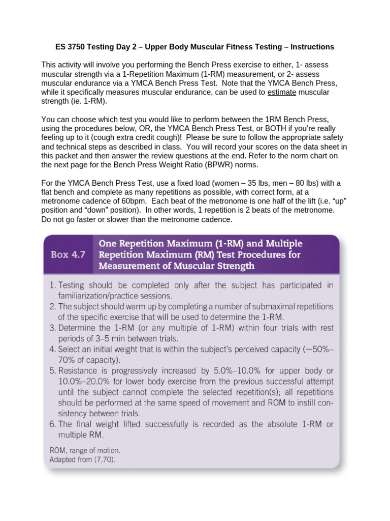 YMCA Bench Press Test Instructions | PDF