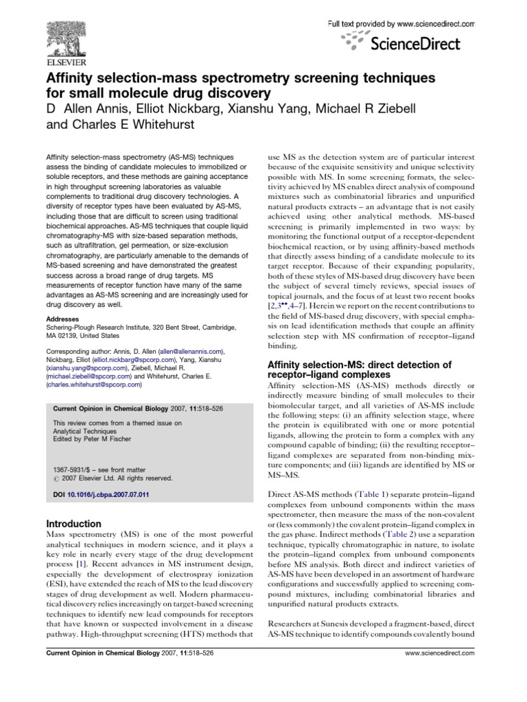 Affinity Selection-Mass Spectrometry Screening Techniques For Small ...
