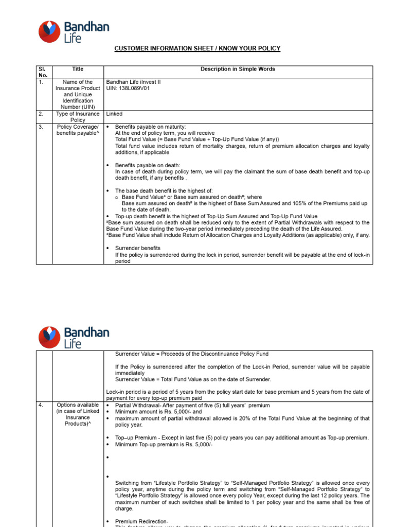 CIS Bandhan Life IInvest II | PDF | Insurance | Option (Finance)