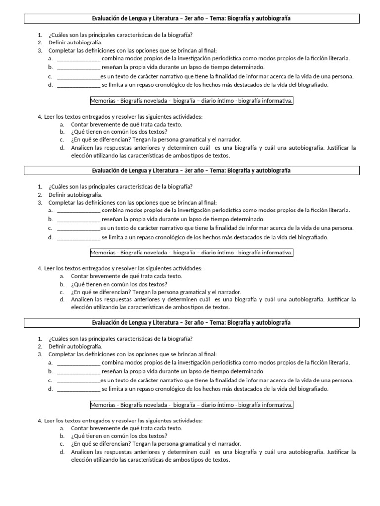 Biografía y Autobiografía: Evaluación 3er Año | PDF | Biografía ...