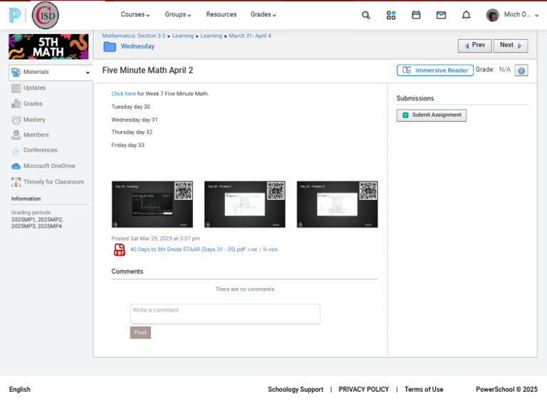 Five Minute Math April 2 Schoology | PDF