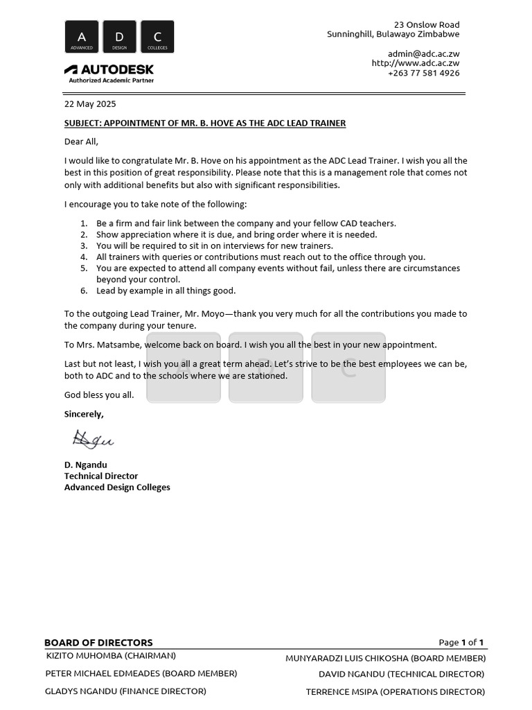Appointment of Mr. B. Hove As Lead Trainer Letter by D. Ngandu | PDF