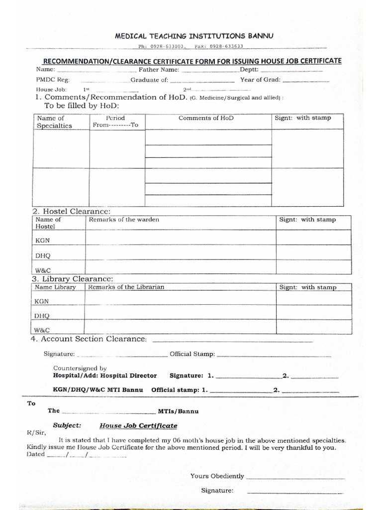Clerance Form For HJ Certificate | PDF