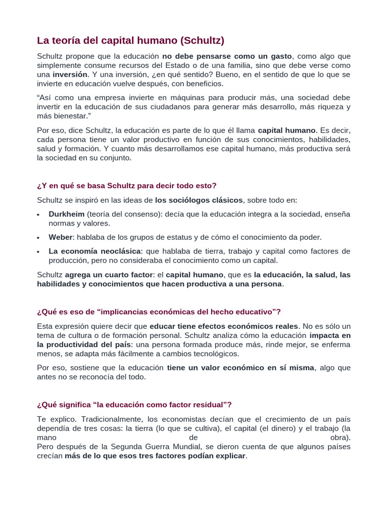 ? La Teoría Del Capital Humano Shultz | PDF | Capital humano | Capital (economía)