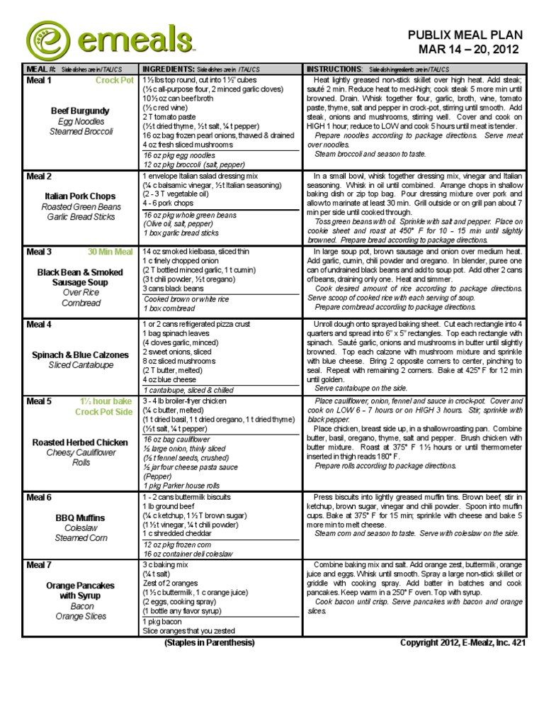 Emeals (Emealz) Publix421 Meal Plan | Download Free PDF | Pancake | Steak
