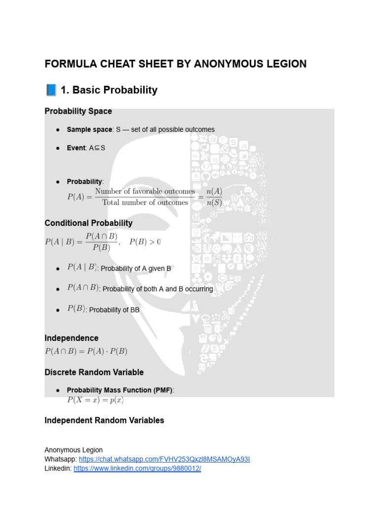 Formula Cheatsheet by Anonymous Legion | PDF | Probability Distribution | Variance